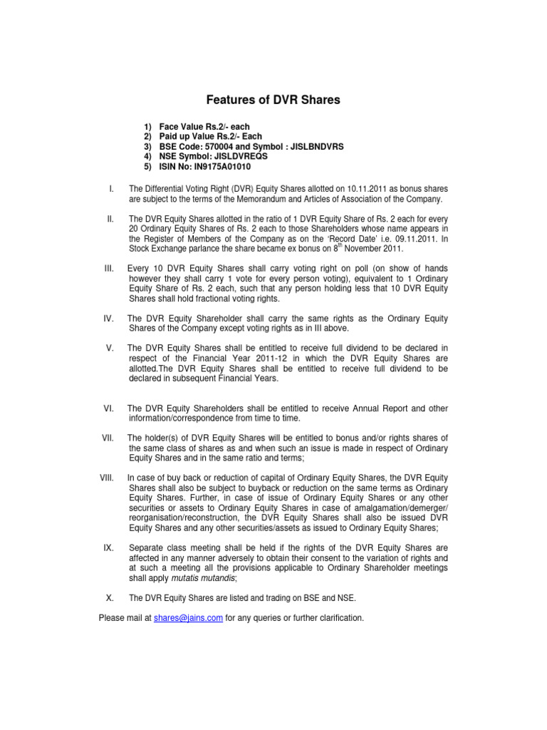 Features of Jain DVR Equity Shares | PDF | Stocks | Share (Finance)