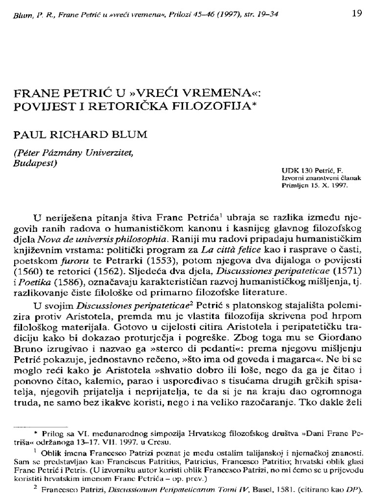 Paul Richard Blum - Frane Petric U Vreci Vremena - Povijest I Retoricka Filozofija - Prilozi ...
