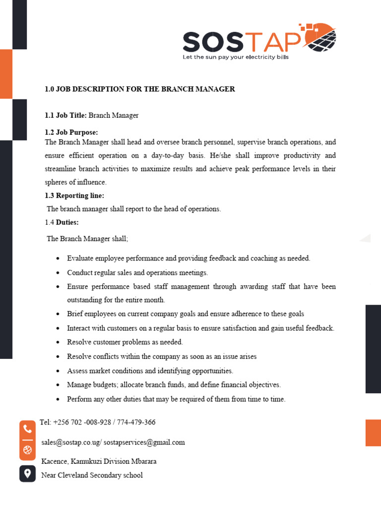 Branch Manager Job Description and Duties | PDF | Business | Economies