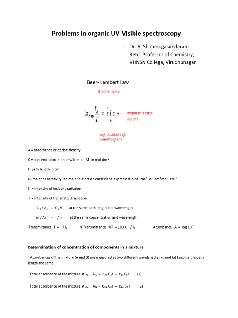 UV-Visible Spectroscopy Problems and Solutions | PDF | Absorbance ...