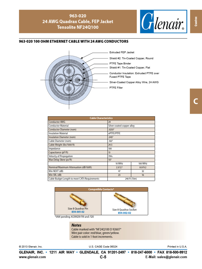 963-020 24 AWG Quadrax Cable, FEP Jacket Tensolite NF24Q100 | PDF ...