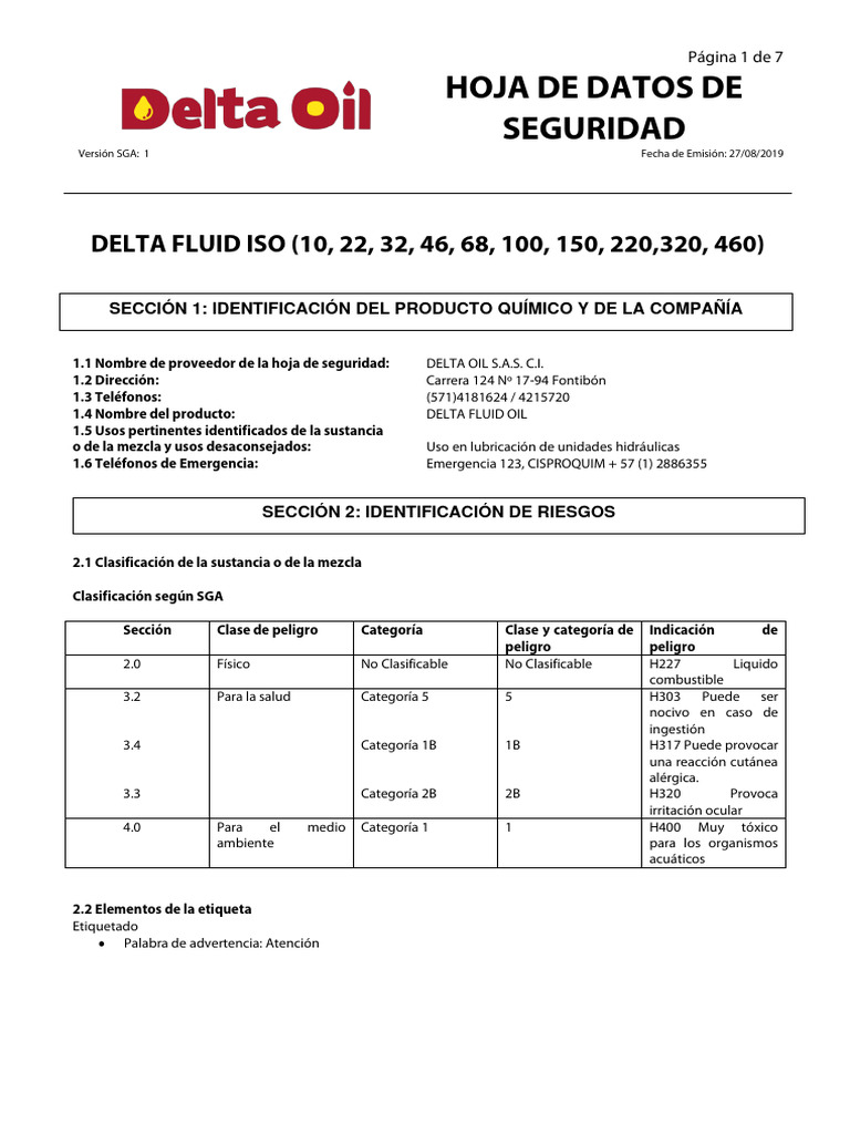 2. FDS Aceite hidráulico 68 | PDF | Agua | Residuos