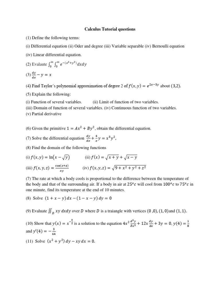 Calculus Tutorial Questions - 115435 | PDF | Differential Equations | Derivative