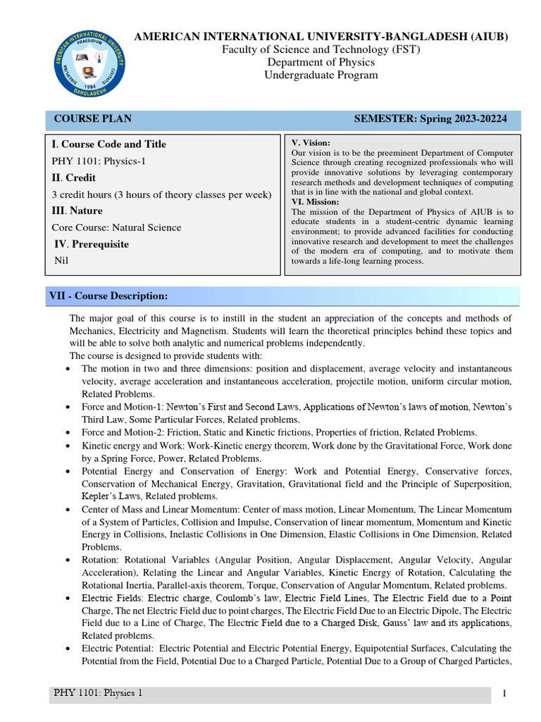 PHY 1101: Mechanics & Electromagnetism Course | PDF | Rotation Around A Fixed Axis | Momentum