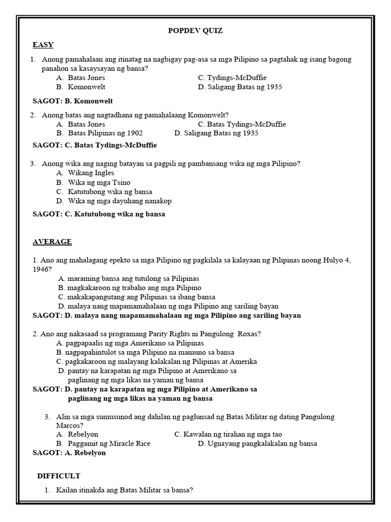 Popdev Quiz - Questions | PDF