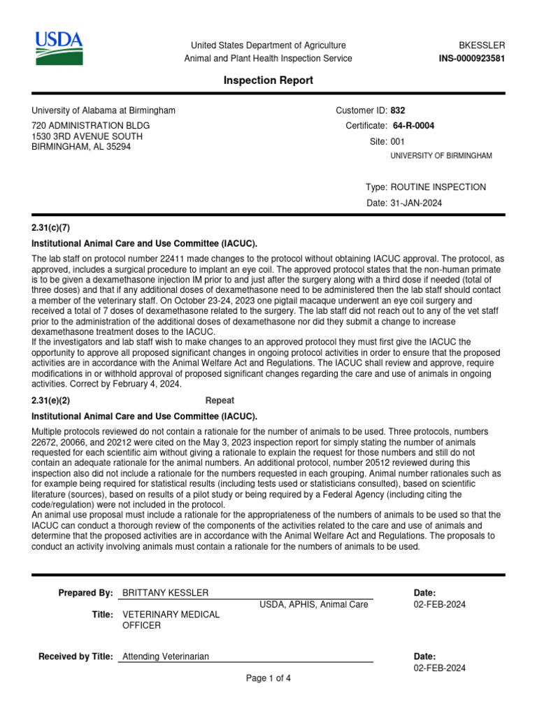 USDA APHIS Inspection Report: UAB | PDF | Animals And Humans | Animal ...