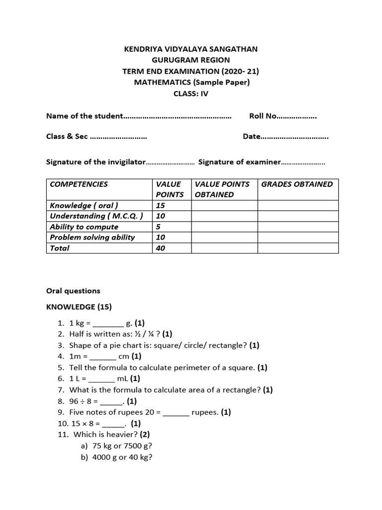 4 Maths Sample Paper | PDF | Area | Euclidean Geometry