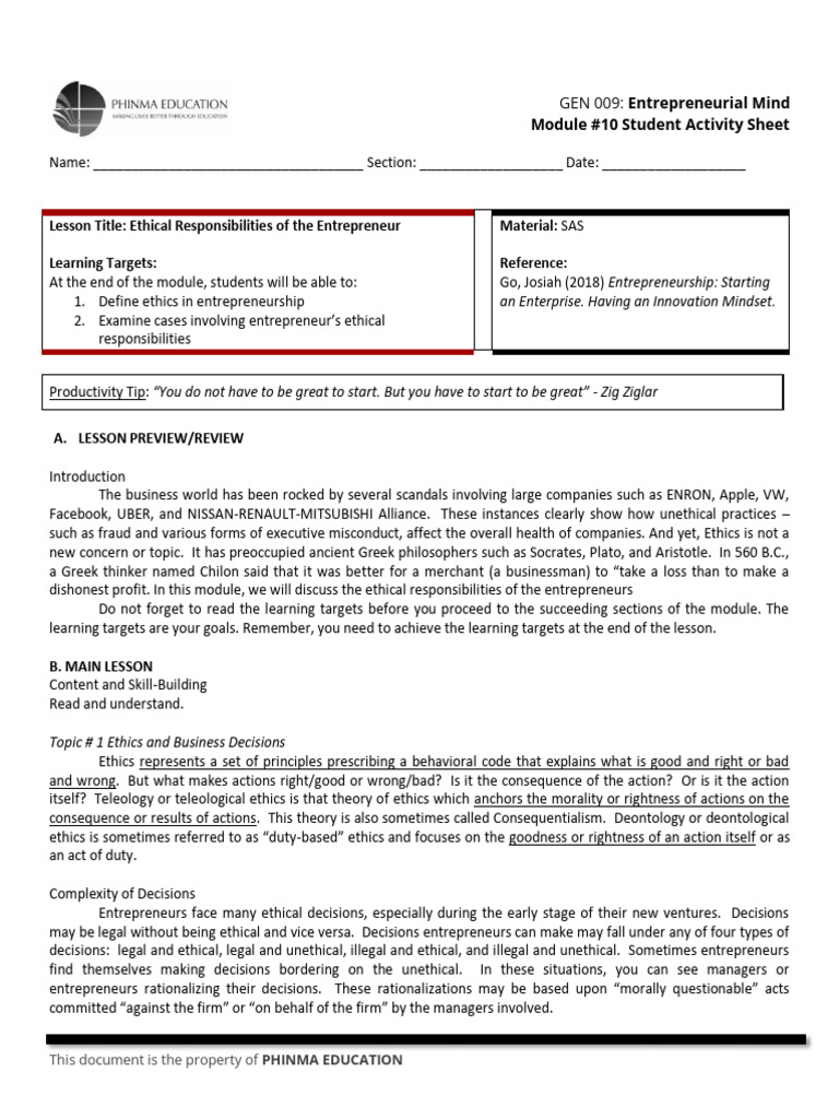 Gen 009 Sas 10 2324 Pdf Entrepreneurship Business Ethics