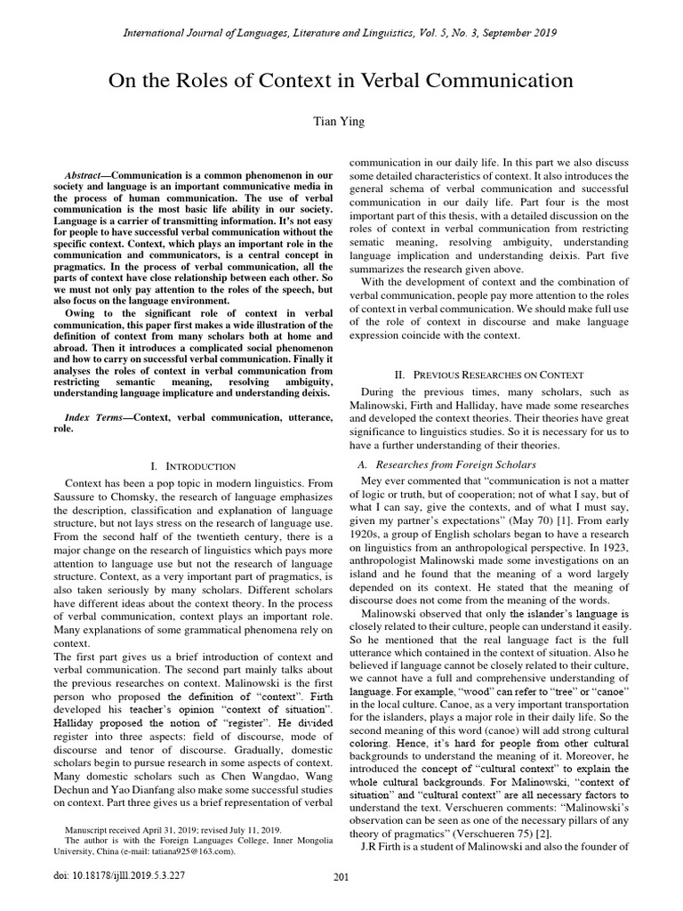 On The Roles of Context in Verbal Communication | PDF | Communication | Linguistics