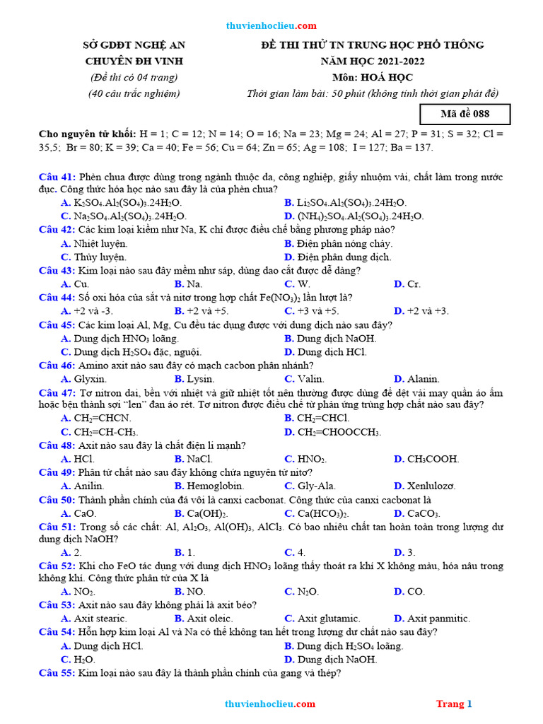 Thuvienhoclieu.com de on Thi TN THPT 2022 Mon Hoa Chuyen Dai Hoc Vinh Lan 1 | PDF