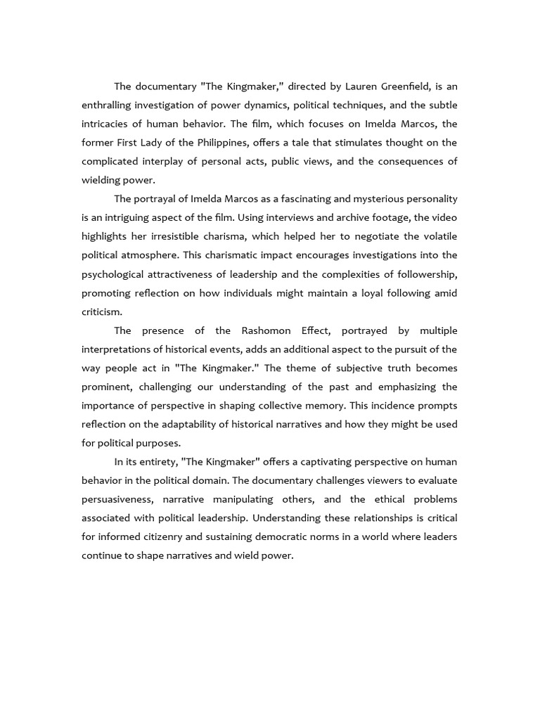 The Kingmaker - Reflection Paper | PDF