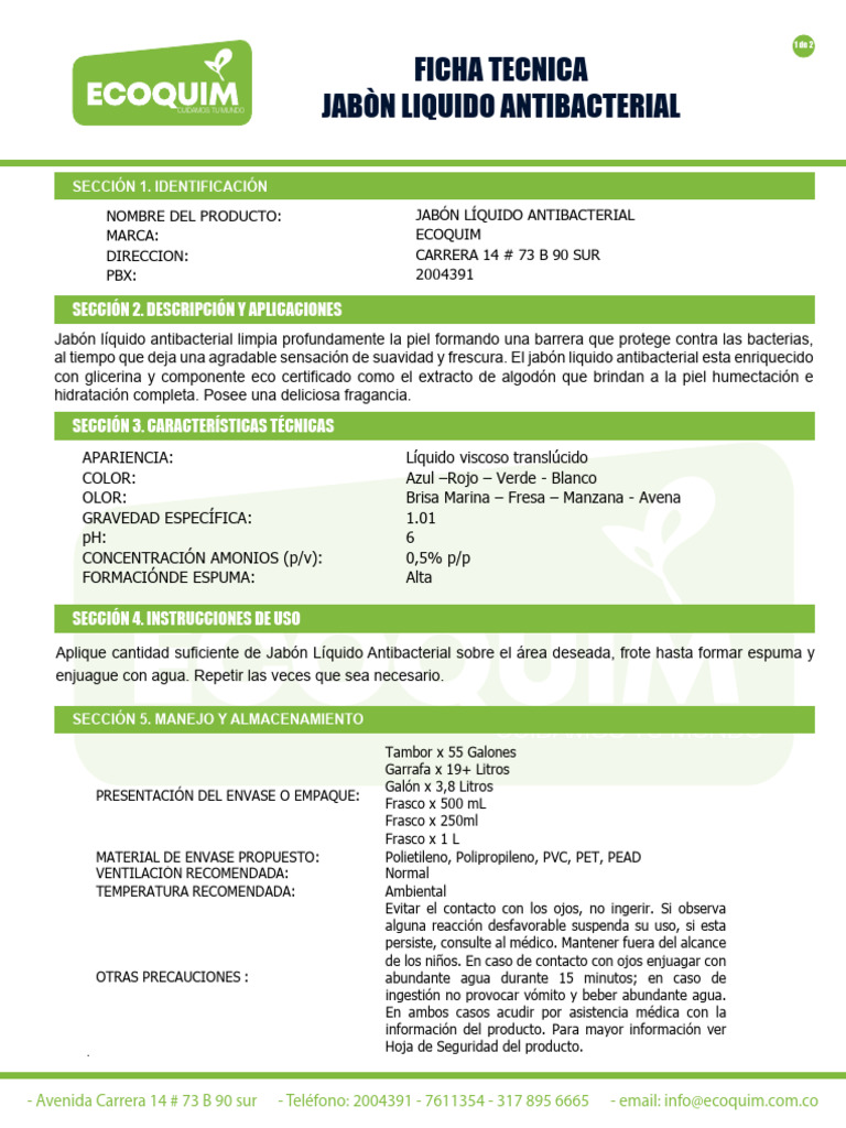 Ficha Tecnica JABON LIQUIDO ANTIBACTERIAL | PDF | Agua | Líquidos