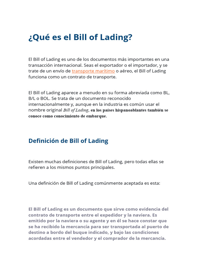 Qué es el Bill of Lading | PDF