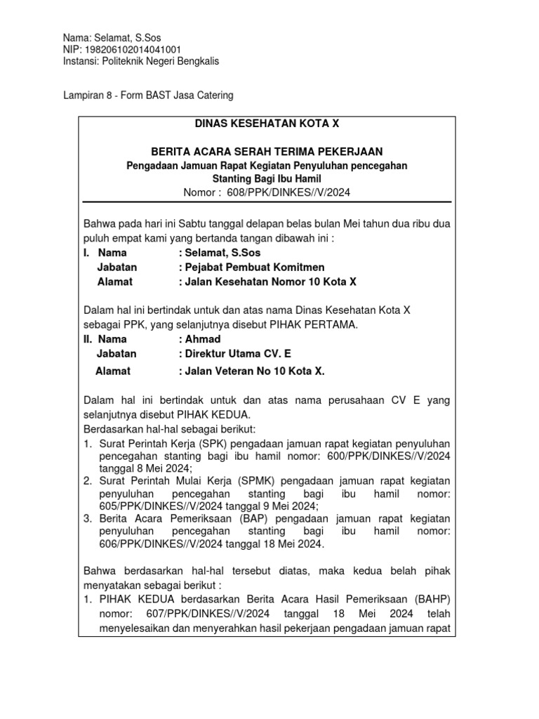 Lampiran 08 - BAST Jasa Katering - Selamat | PDF | Pengelolaan Keuangan ...