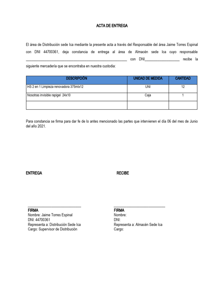 Acta De Entrega De Mercadería Pdf