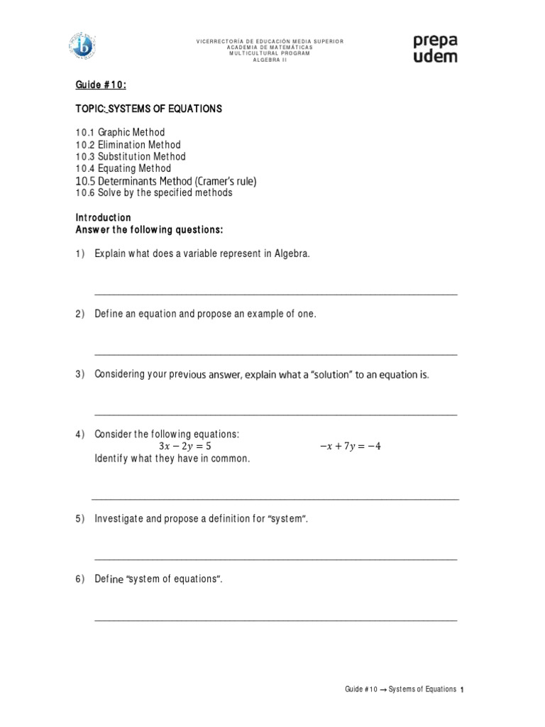 Systems of Equations Guide: Methods | PDF | Equations | Matrix ...