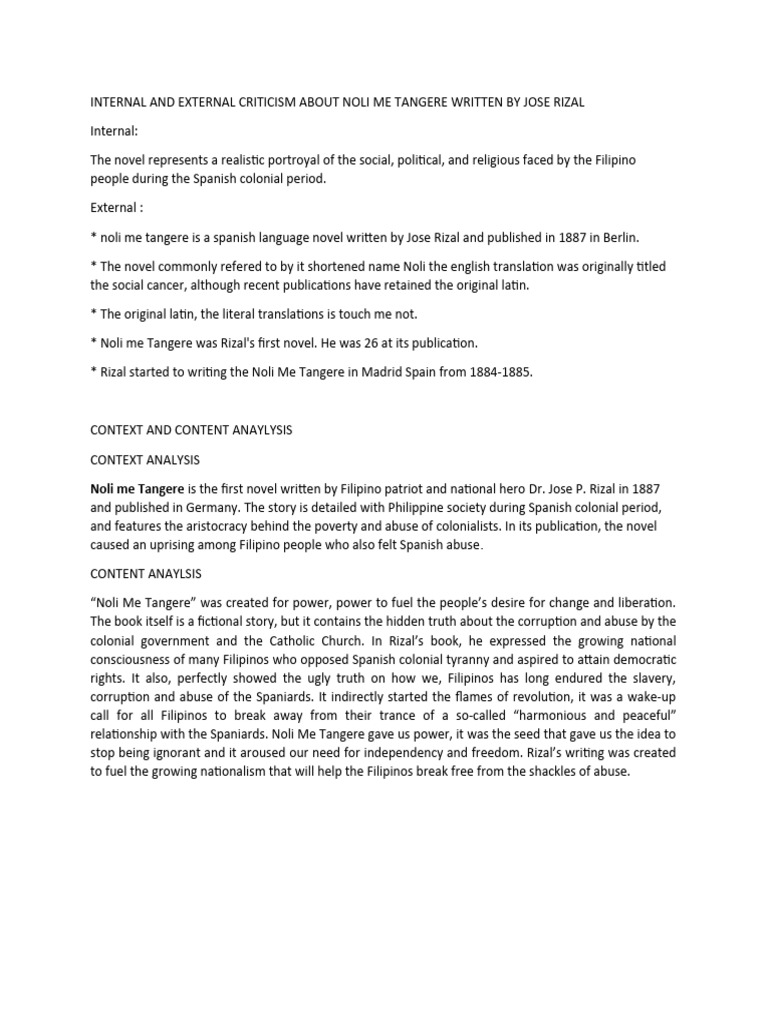 Internal and External Criticism About Noli Me Tangere Written by Jose ... Internal and External Criticism About Noli Me Tangere Written by Jose ...