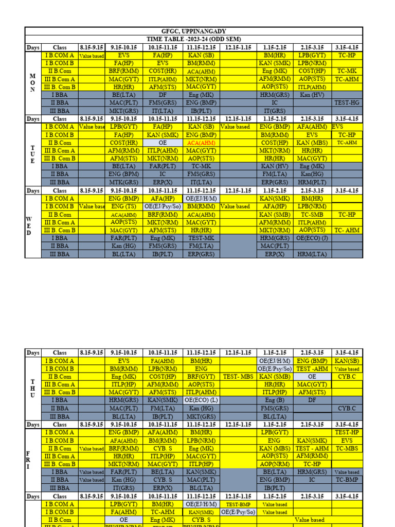 Time Table 2023-24-Even Sem - Bcom Bba | PDF | Radio | Broadcasting