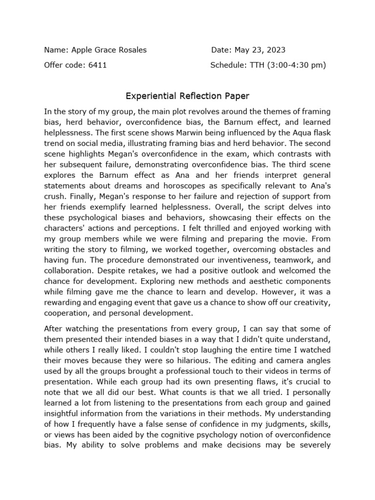 Experiential Reflection Paper | PDF | Bias | Knowledge