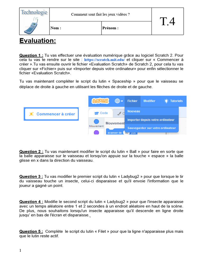 Évaluation de création de jeux Scratch | PDF | Scratch (Langage de ...