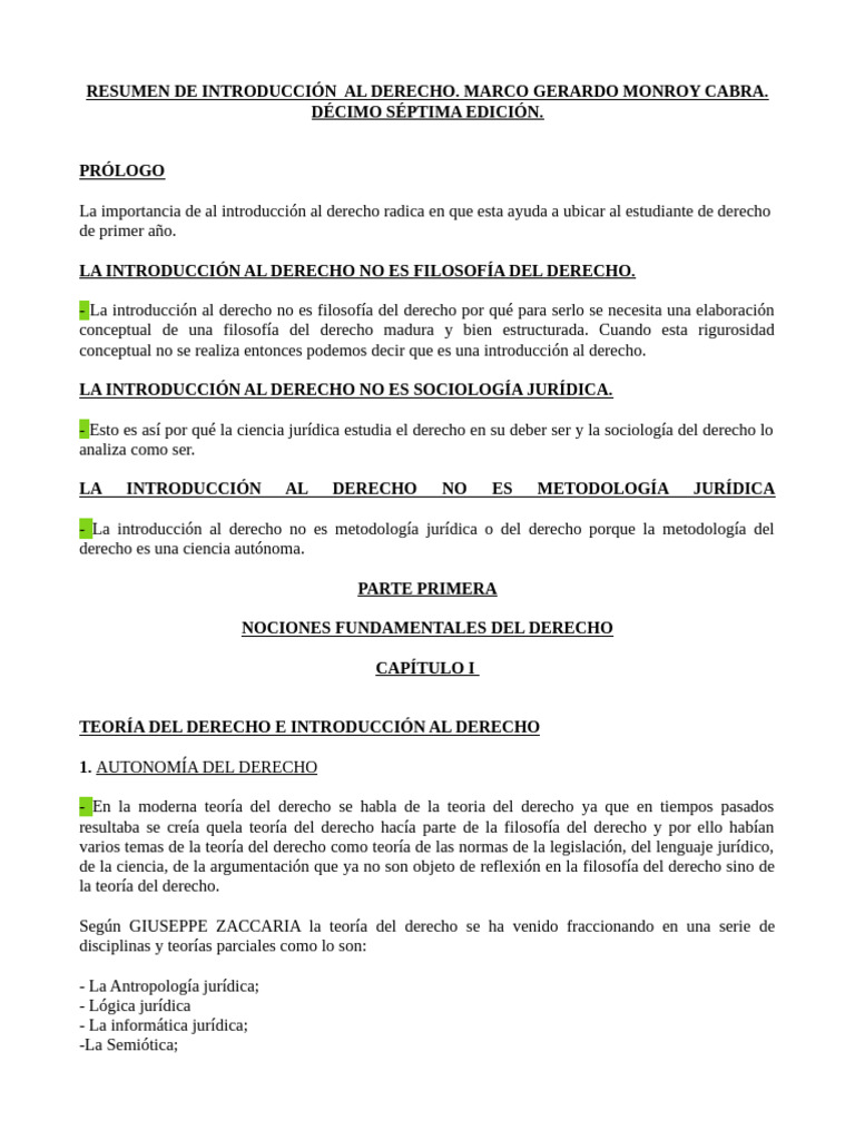 Resumen de Introducción Al Derecho. Marco Gerardo Monroy Cabra. Decimo Septima Edición. | PDF ...