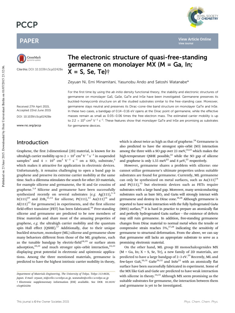 The Electronic Structure of Quasi-Free-Standing Germanene On Monolayer ...