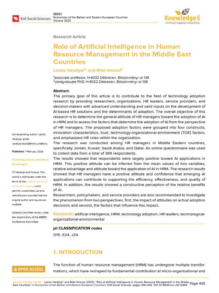 Role of Artificial Intelligence in Human Resource Management in The Middle East Countries | PDF ...