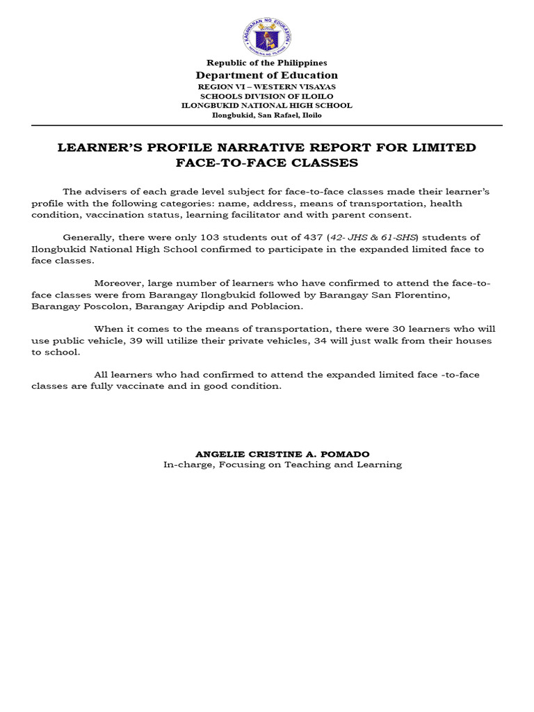 Narrative Report Learners Profile | PDF | Wellness