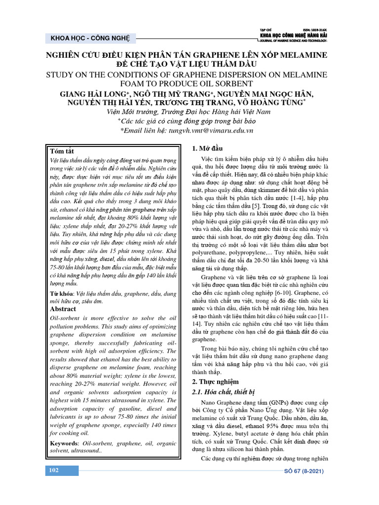 phân tán graphene lên xốp melamine để chế tạo vật liệu thấm dầ | PDF