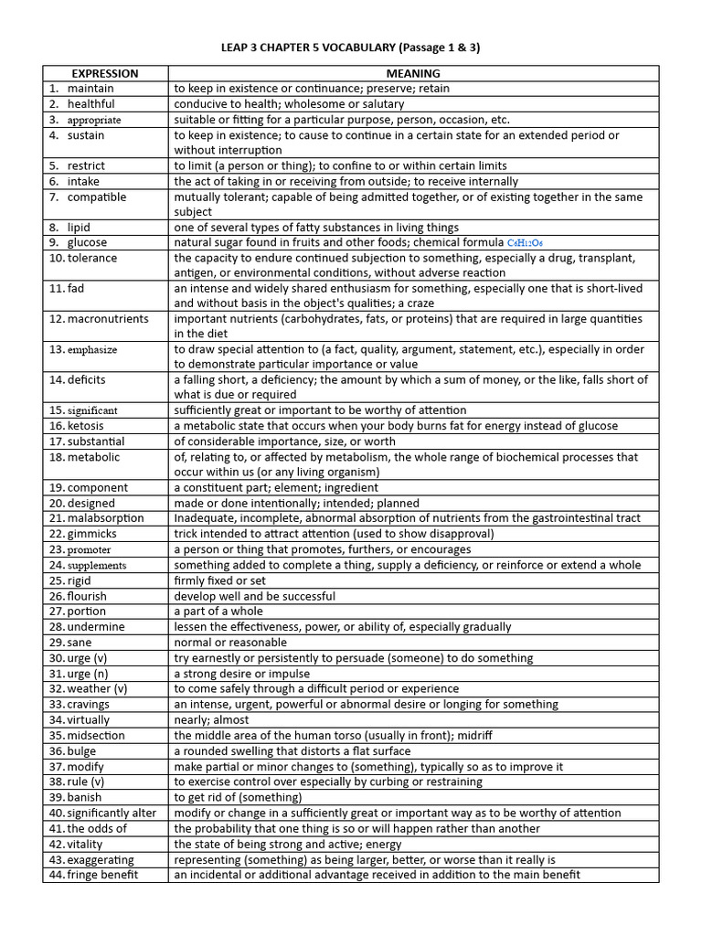 Chapter 5 Vocabulary Review Guide | PDF | Nutrients | Carbohydrates
