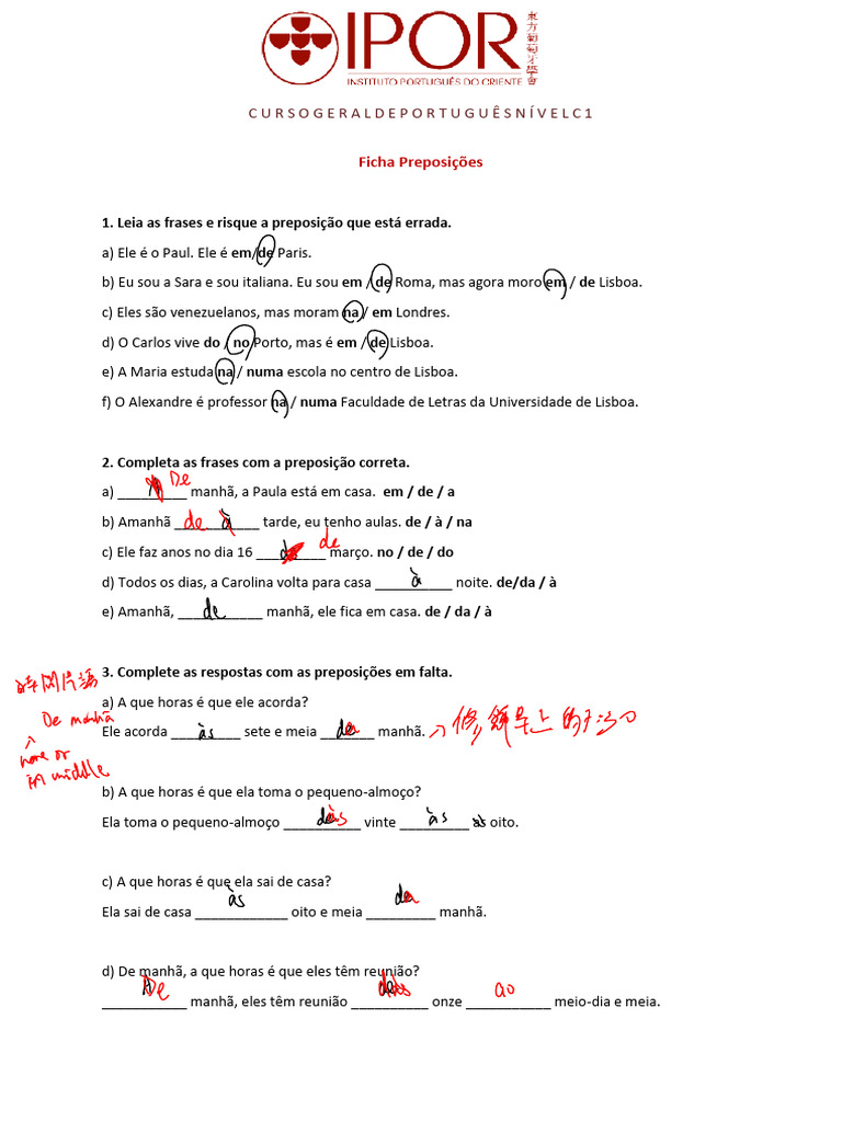 Ficha Preposições | PDF