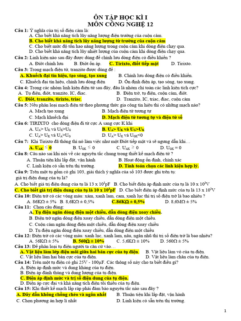 ÔN 12 CN HK1 Đáp Án C A Khang | PDF