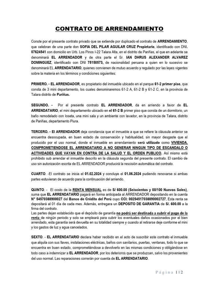 Contrato de Casa 61-2B 2024 Alvarez | PDF