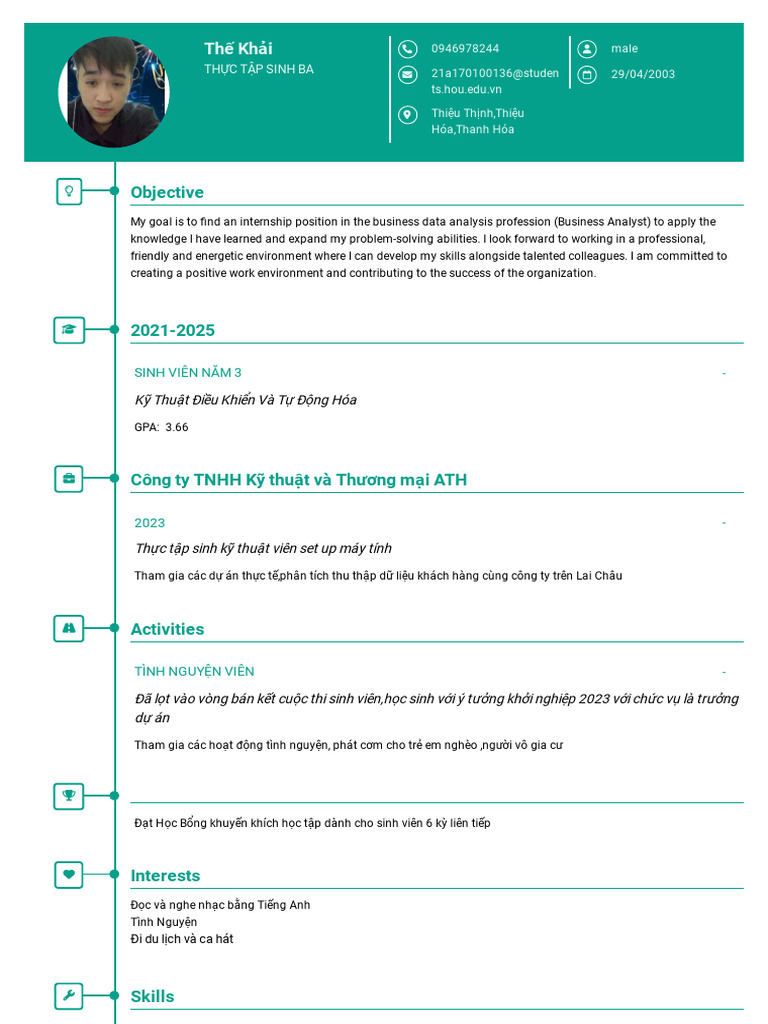 CV Thế Khải - CV XIN VIỆC TTS BA TẠI CÔNG TY-TopCV.vn | PDF