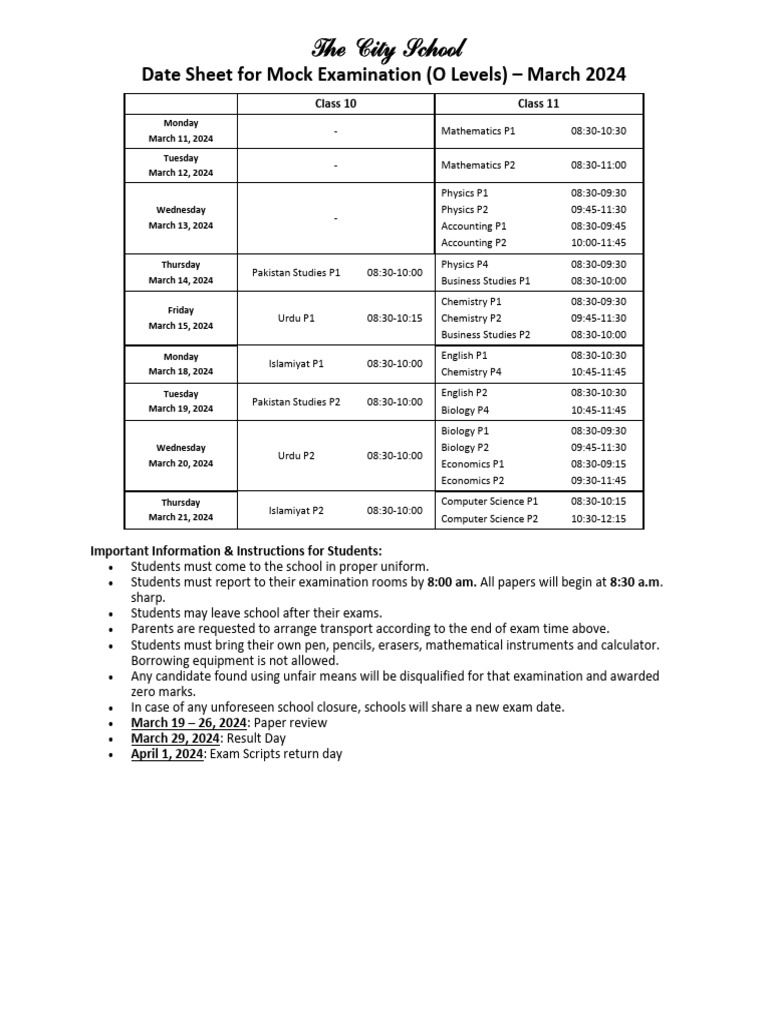 Mock Exam Timetable March 2024 | PDF | Science