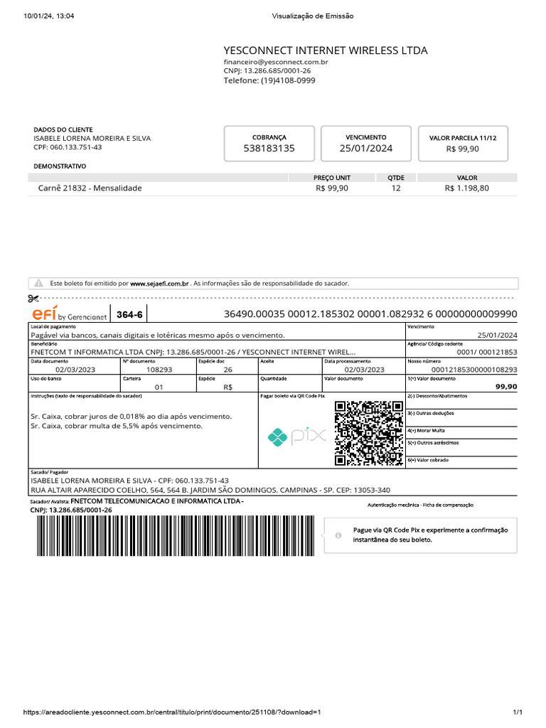 Fatura internet | PDF | Finanças pessoais | Dinheiro