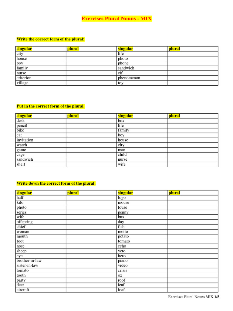 05_Plural Nouns_Exercises MIX | PDF | Plural