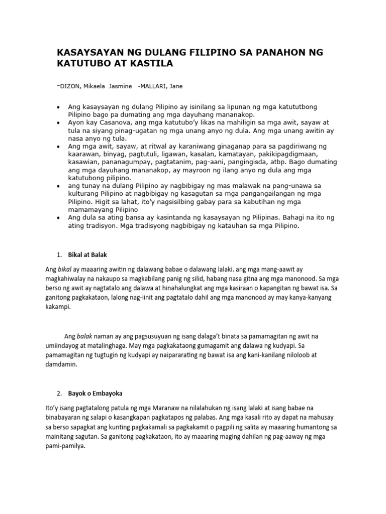 KASAYSAYAN NG DULANG FILIPINO SA PANAHON NG KATUTUBO AT KASTILA Written ...