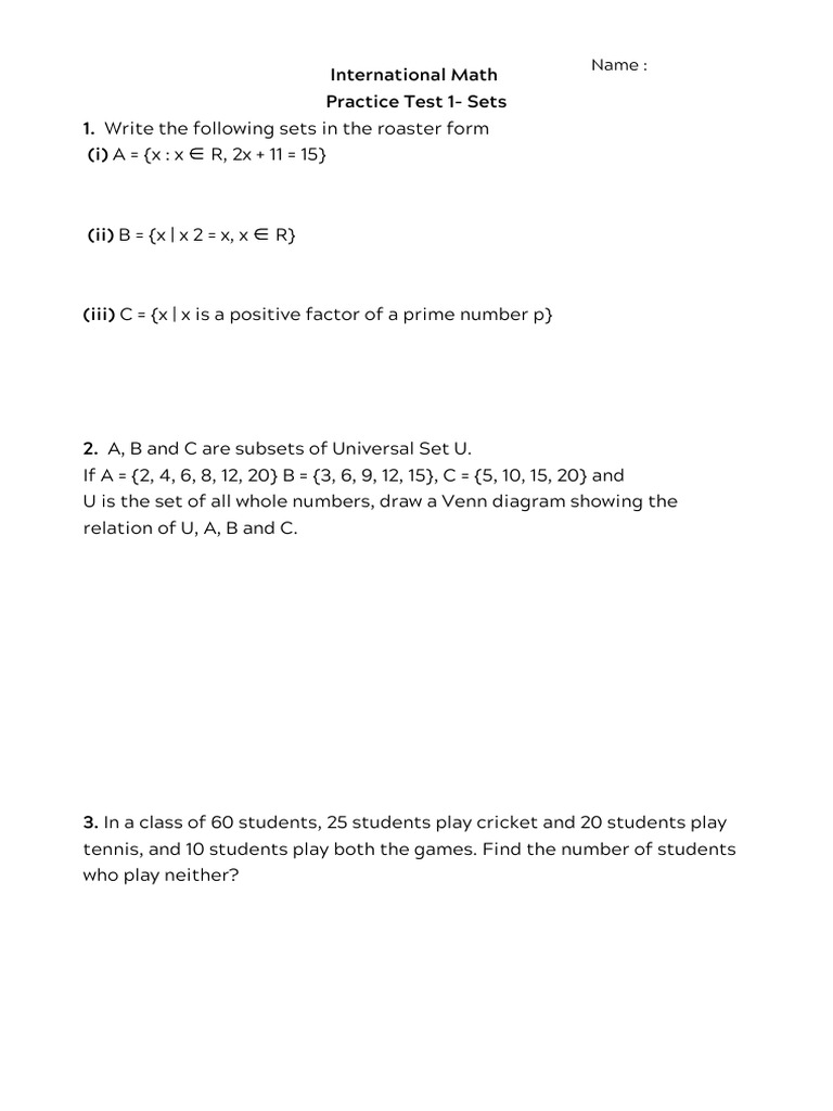 Class 9 Sets Practice Test | PDF | Mathematics