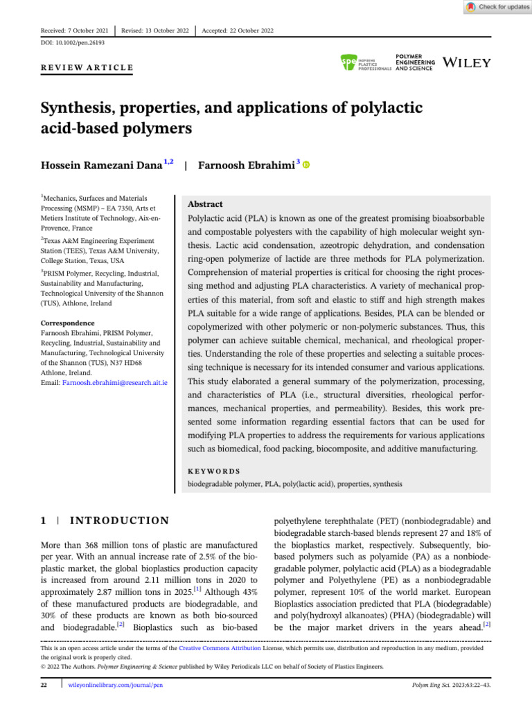 Polymer Engineering Sci - 2022 - Ramezani Dana - Synthesis Properties and Applications of ...