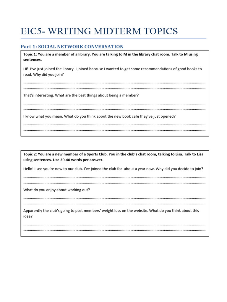 EIC5 Writing Midterm Topics | PDF | Games & Activities