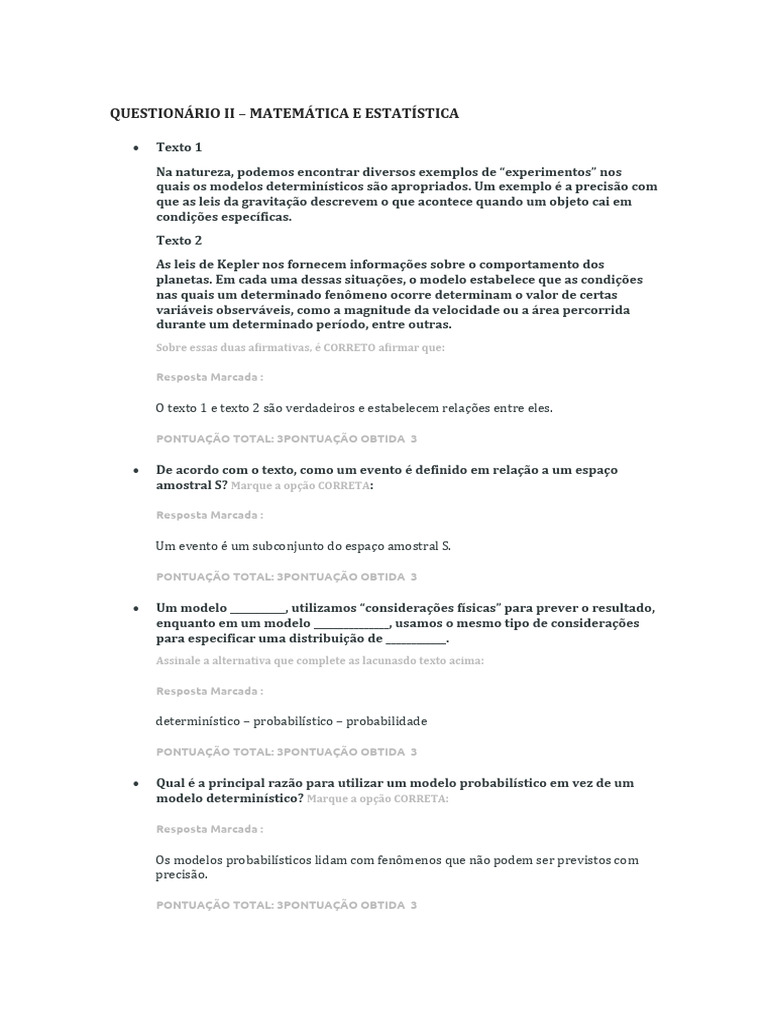 Questionário I - Matemática e Estatística | PDF | Probabilidade | Inferência estatística