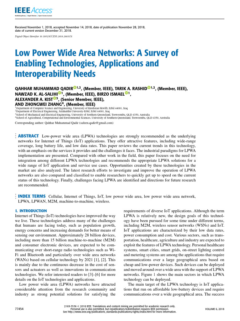 Low Power Wide Area Networks A Survey of Enabling Technologies Applications and Interoperability ...