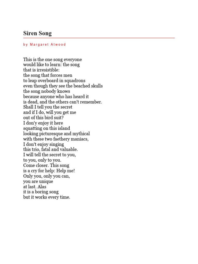 Margaret Atwood's Siren Song Analysis | PDF