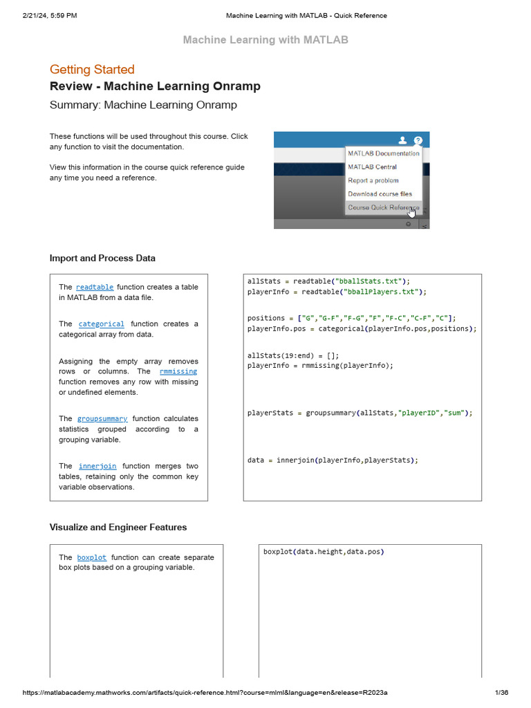 Machine Learning with MATLAB Quick Reference | PDF | Principal Component Analysis | Cluster Analysis