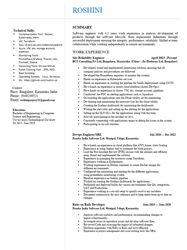 Roshini SRE Bangalore | PDF | Computer Engineering | Information Technology