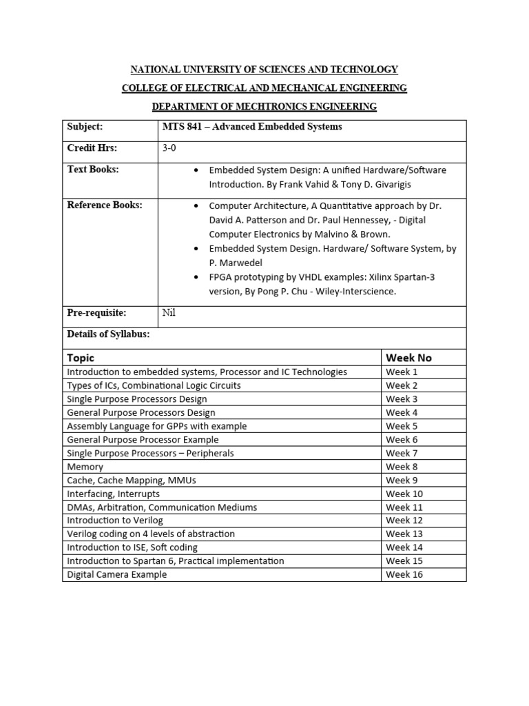 Course Outline - MTS 841 - Advanced Embedded Systems - Updated | PDF ... Course Outline - MTS 841 - Advanced Embedded Systems - Updated | PDF ...