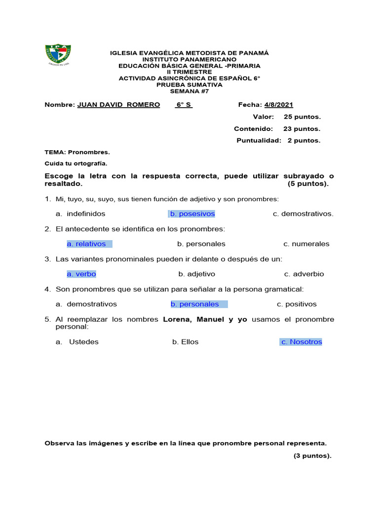 Juan David Romero Perez - PRUEBA SUMATIVA - Pronombres. | PDF ...