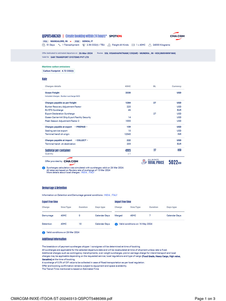 Cmacgm Inixe Itgoa ST 20240313 Qspot5486369 | PDF | Cargo