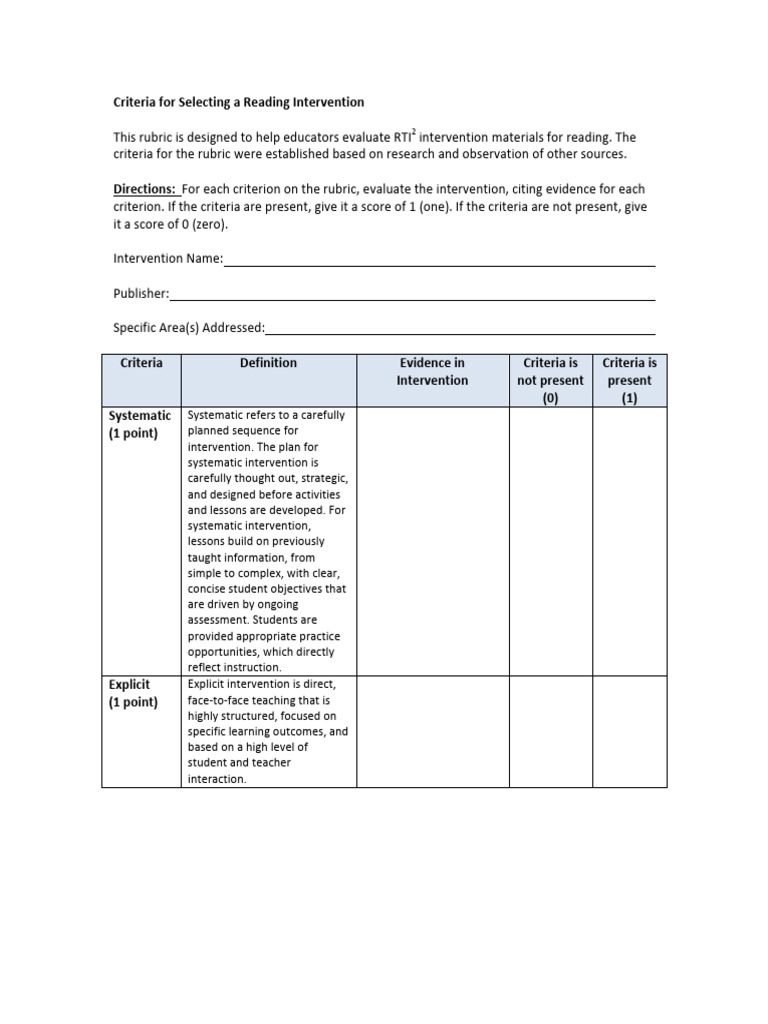 Rti2 Reading Intervention Selection Criteria | PDF | Cognition | Learning